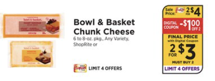 Bowl & Basket and ShopRite Brand Chunk Cheese Only $1.50 | Just Use ...